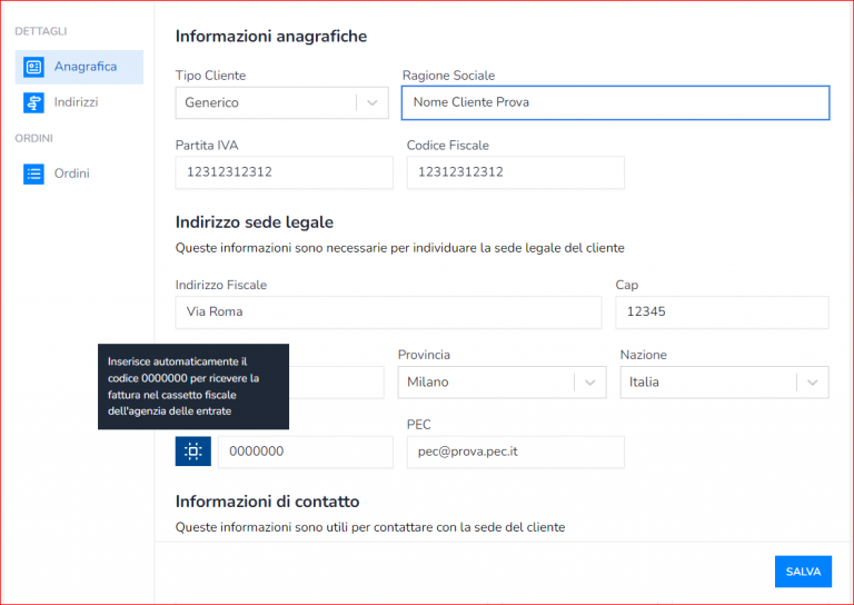 Aggiungere/modificare PEC e CODICE UNIVOCO di un cliente – Proonty Help